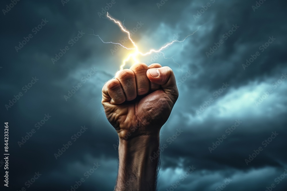 Fist of power, thunderstorm background Stock Illustration | Adobe Stock