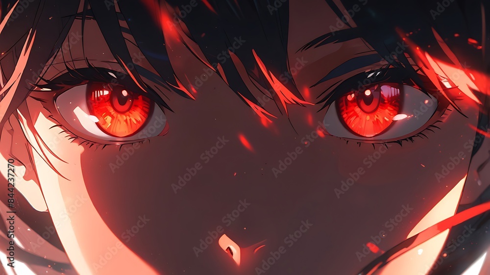 A web banner featuring a cartoon-style anime face with striking red ...