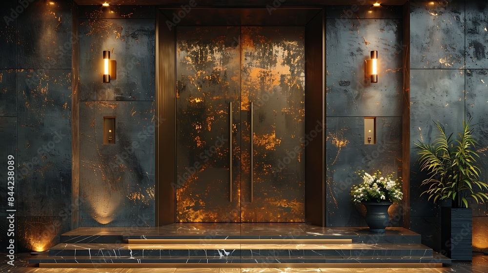 Modern elevator doors with elegant rustic finish in a luxury building ...