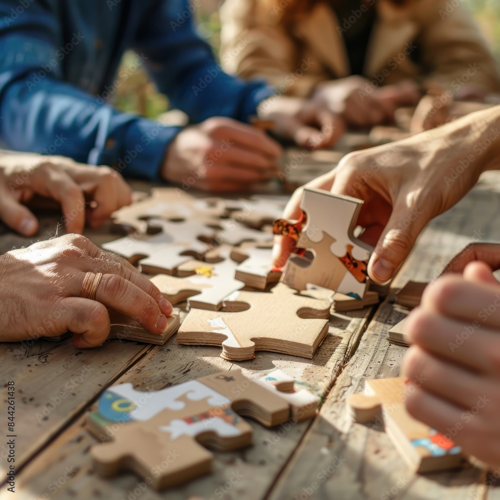 Concept of finding solution. close up people assembling jigsaw puzzles ...