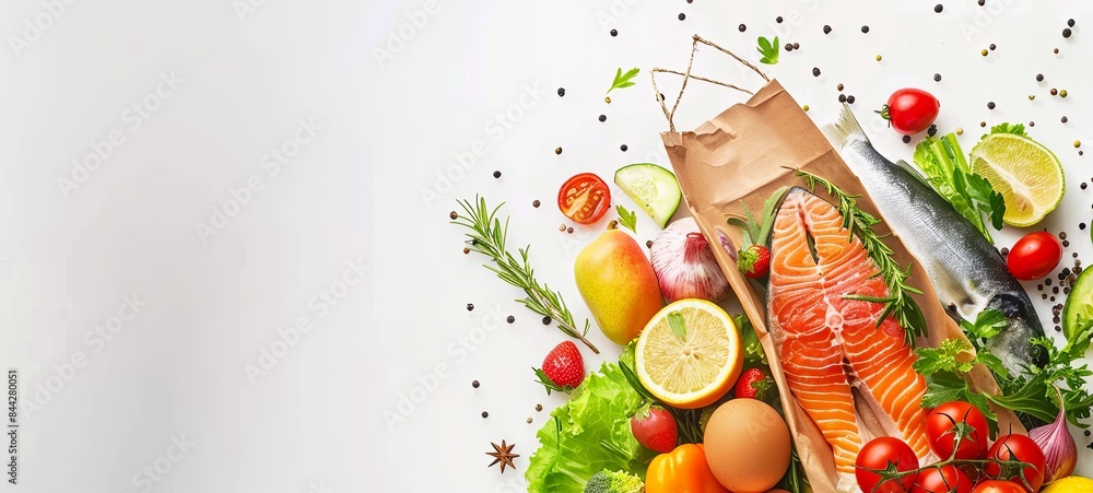 Healthy eating. Healthy food in a paper bag of fish, vegetables and ...