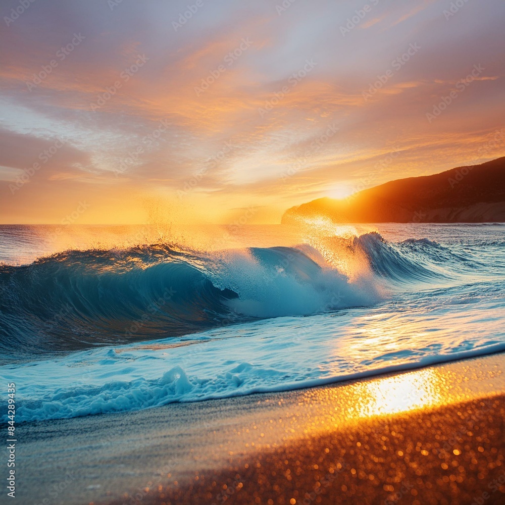 Sunset and waves in ocean. Warmy water texture with bokeh,sunset, sea ...