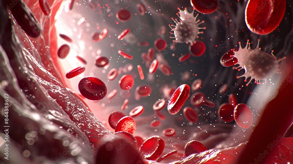Detailed composition of an artery with red blood cells and white blood ...