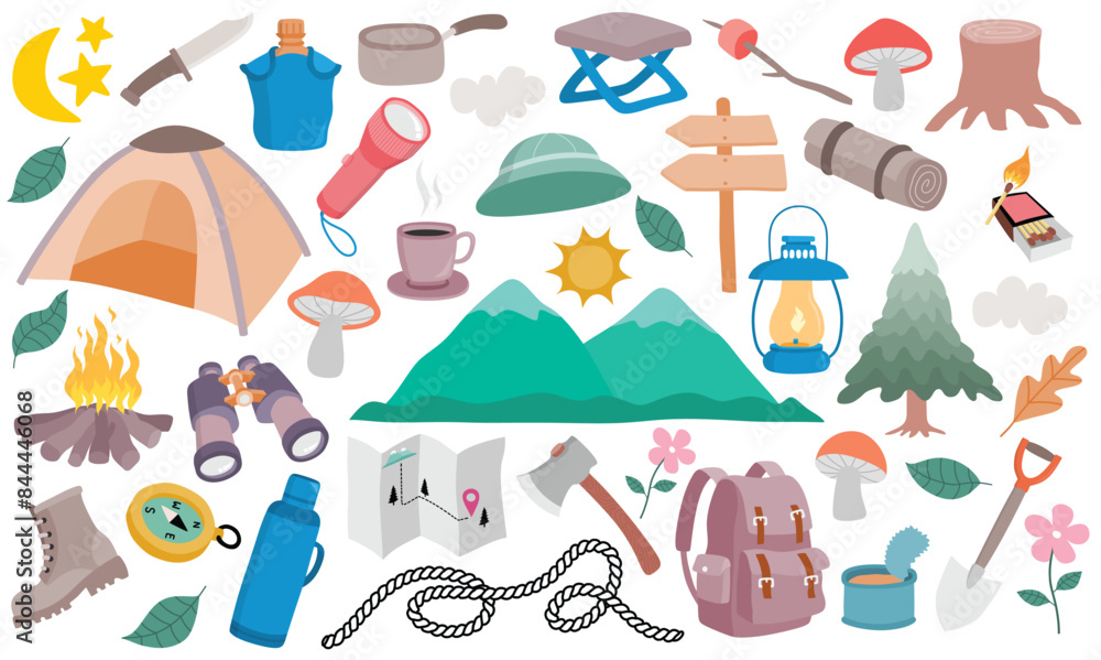 vector summer camp set. Cute camping clipart on white background. Stock ...