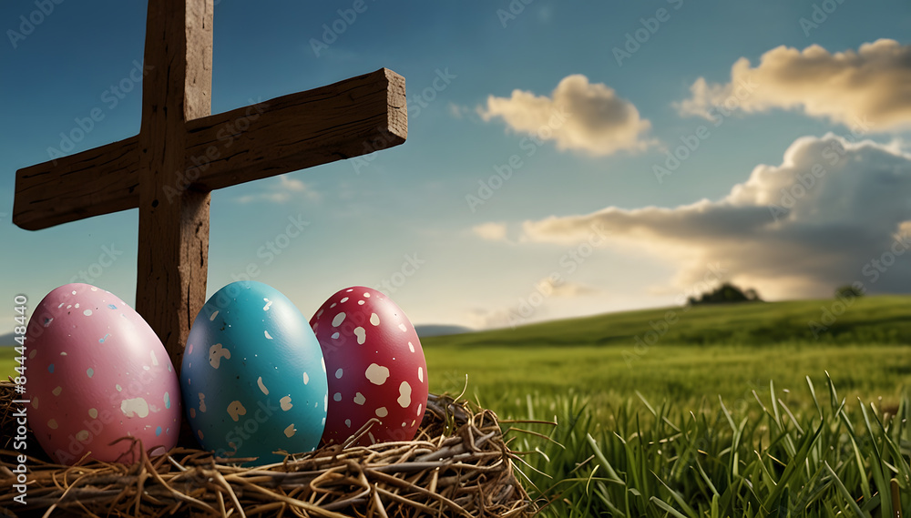 An Easter-themed image features a cross and easter eggs, symbolizing ...