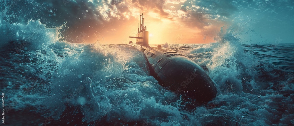 Submarine breaking the ocean surface, dramatic water splash, bright ...