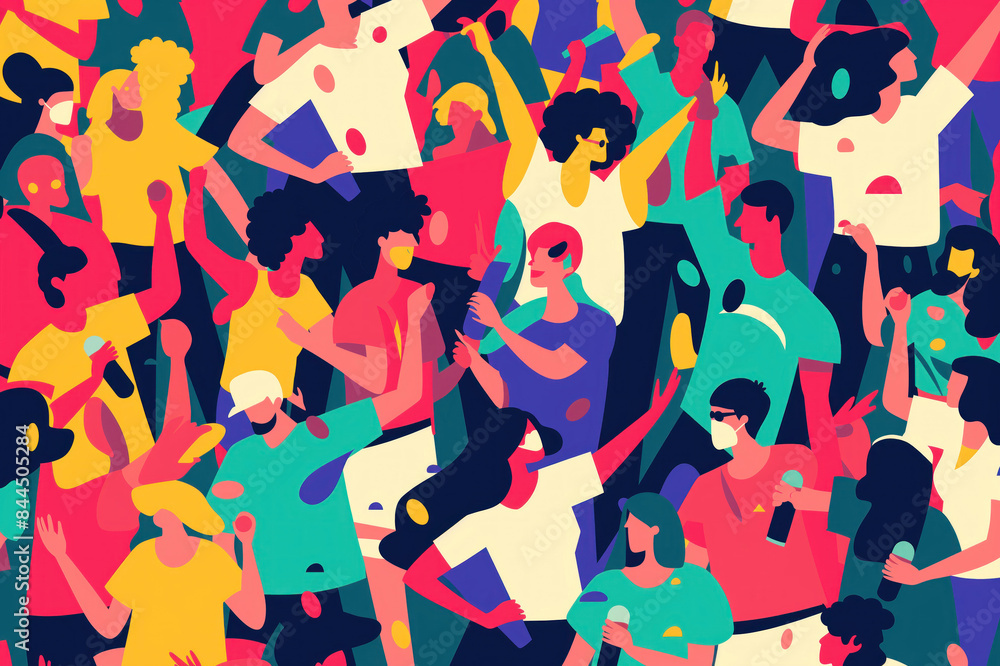 Colorful illustration of diverse people dancing at music festival ...