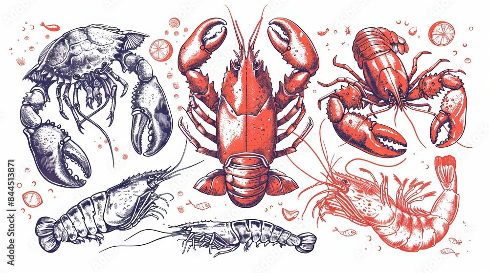 Hand-drawn seafood designs for logos, signs, menus, banners, and ...