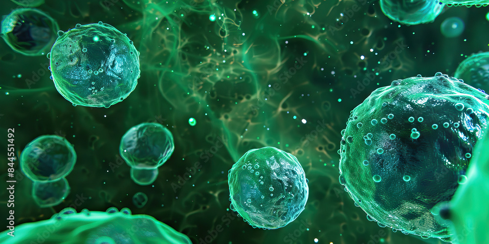 Emerald green Leukocyte migration detailed view of cells under ...