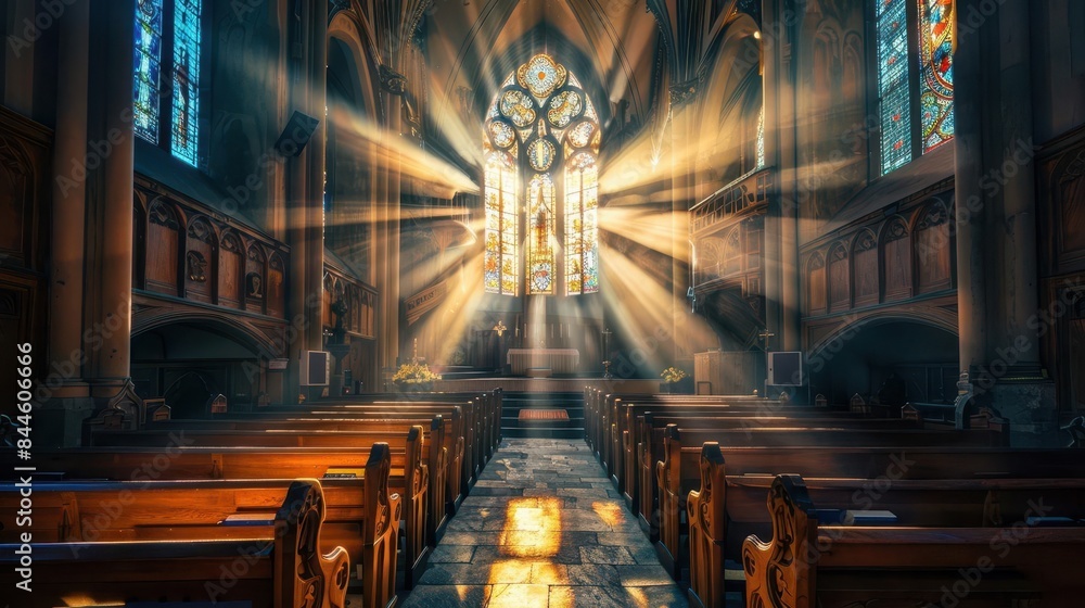 ethereal sun rays streaming through ornate church window illuminating ...