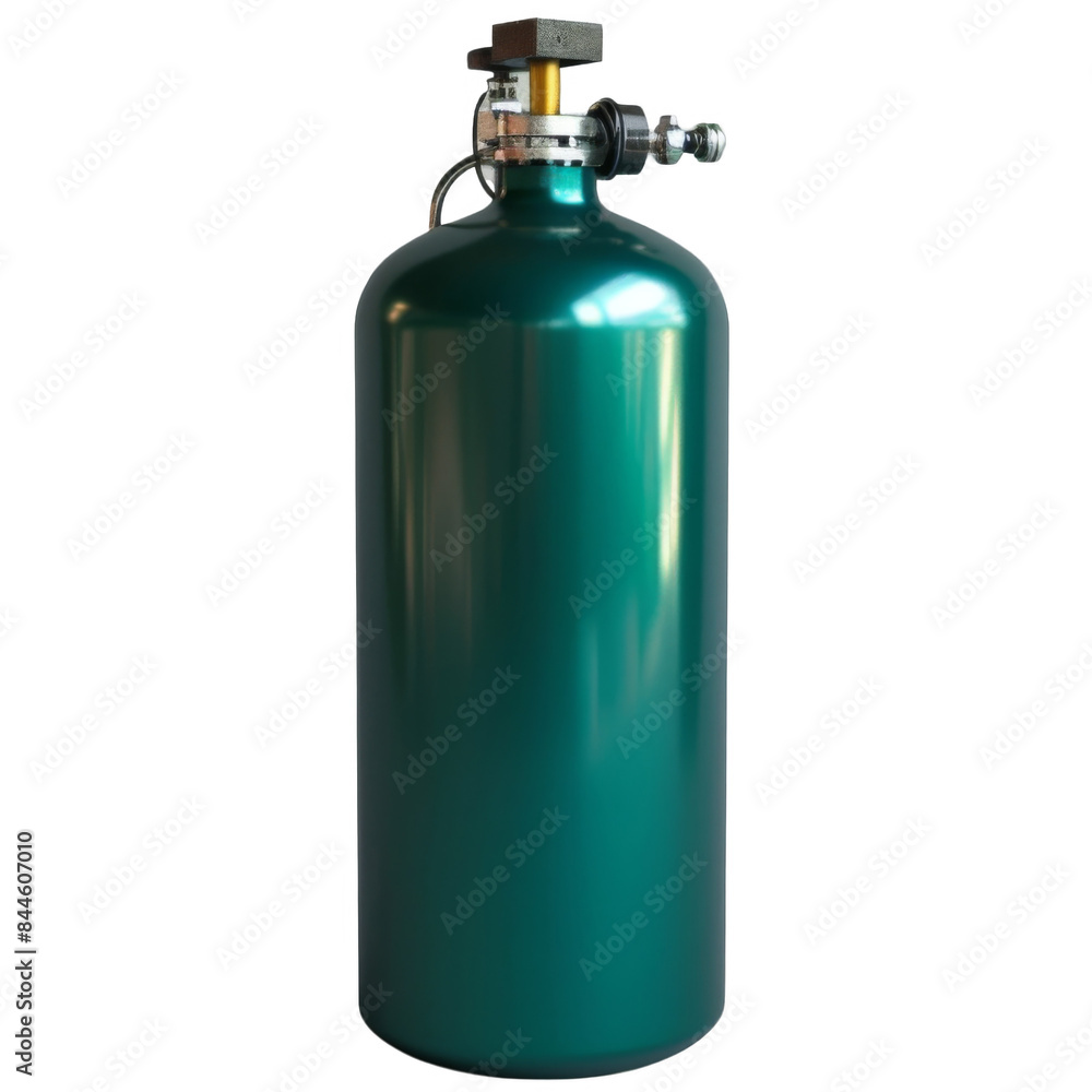 Green gas cylinder with valve, isolated white background, transparent ...