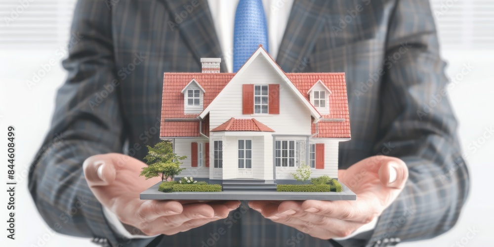 House salesperson holding a small house model, perfect for real estate ...