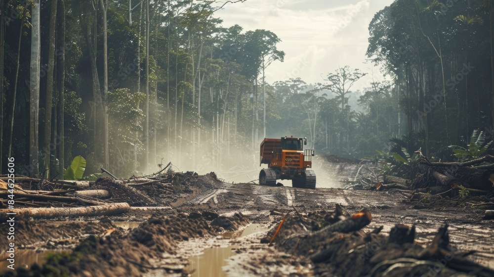 Ilustrace This image shows a deforestation scene in a rainforest with a ...