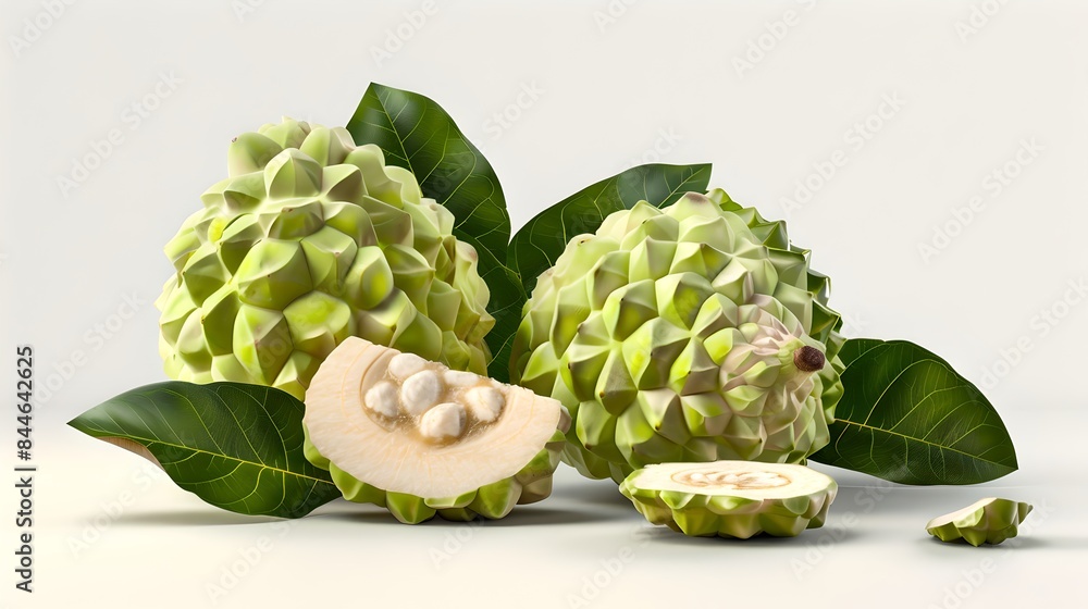 Fresh tropical cherimoya fruit with leaves on white background ...