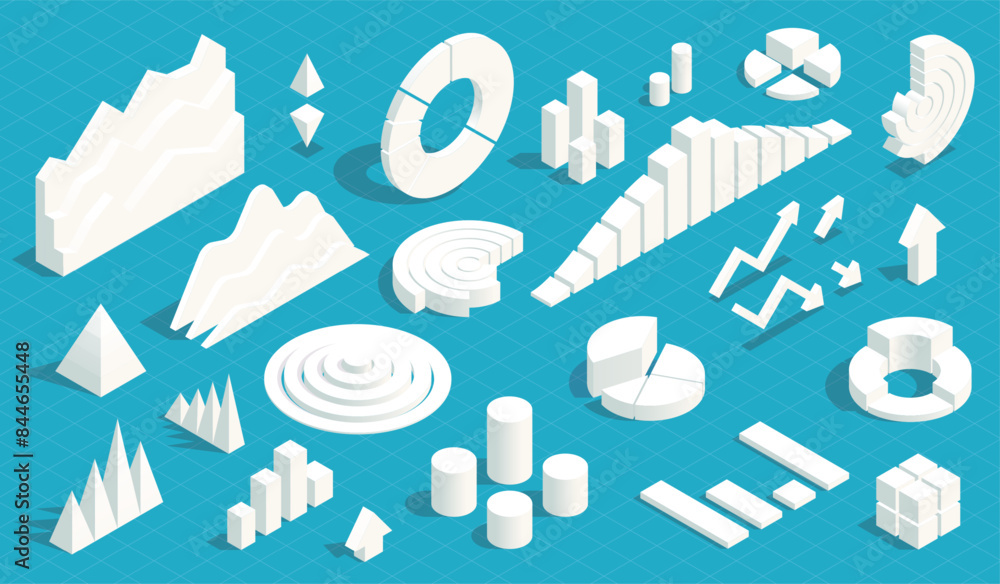 Isometric infographic elements. Business data report charts and graphs, statistic diagram and ...