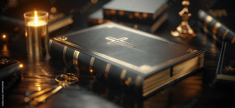Bible. Ancient holy bible with a cross on the cover lying on a desk ...