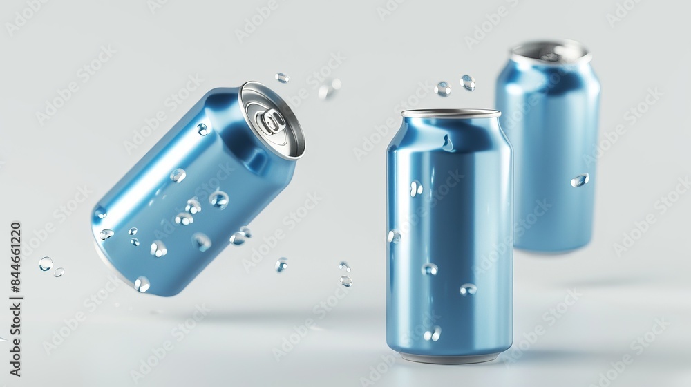 Falling blue aluminum soda cans are isolated over a white background ...