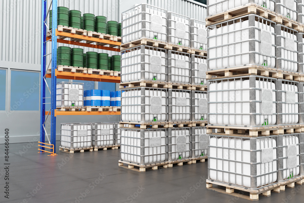 Chemical products warehouse. Plastic containers for storing liquids ...