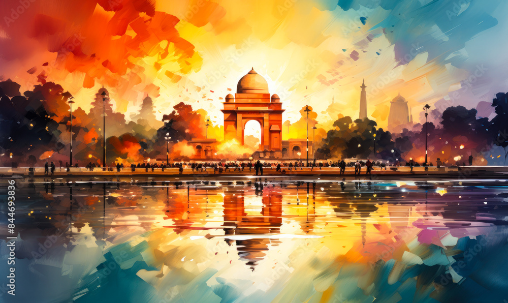 Watercolor Painting of India Gate and Vibrant Sunset Sky Reflected in ...