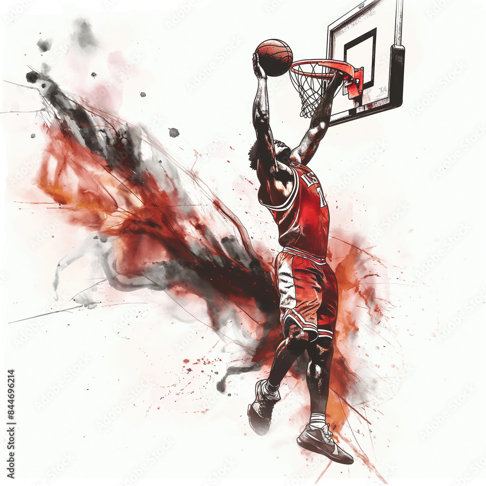 Basketball player making a slam dunk in a dynamic action pose ...
