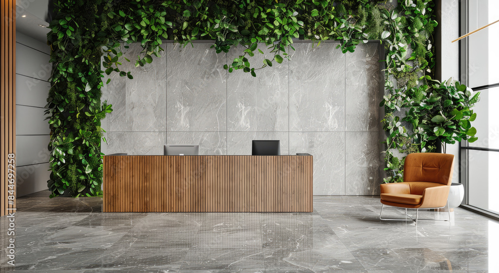 Design an office lobby with wood and greenery, featuring a reception ...