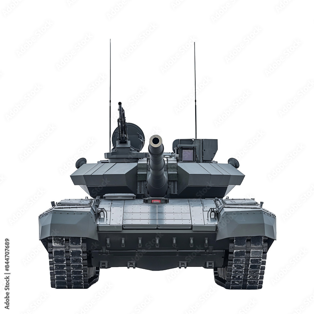 T-14 Armata tank isolated on transparent png background. A large, gray tank with a black gun on ...