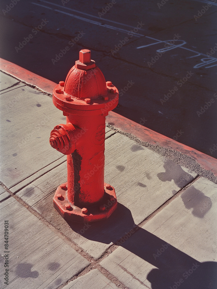 A red fire hydrant on the sidewalk casting long shadows, photo taken ...