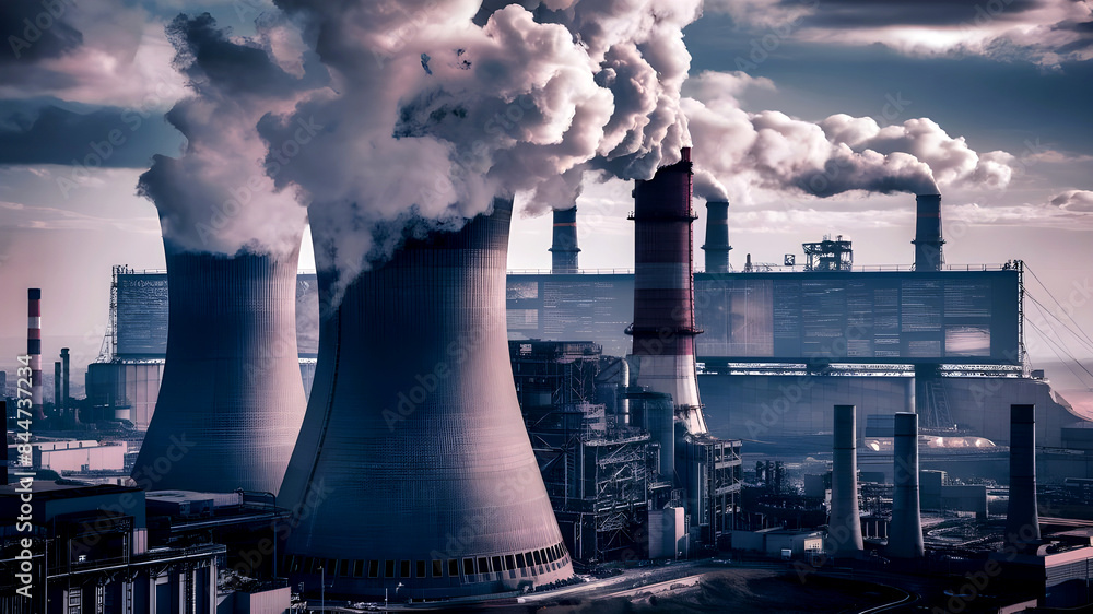 Power plant with smoke, high quality image, picture, photo, 4k, 8k ...