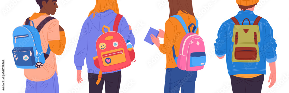 Teenagers with backpacks back view. Young people wearing backpacks ...