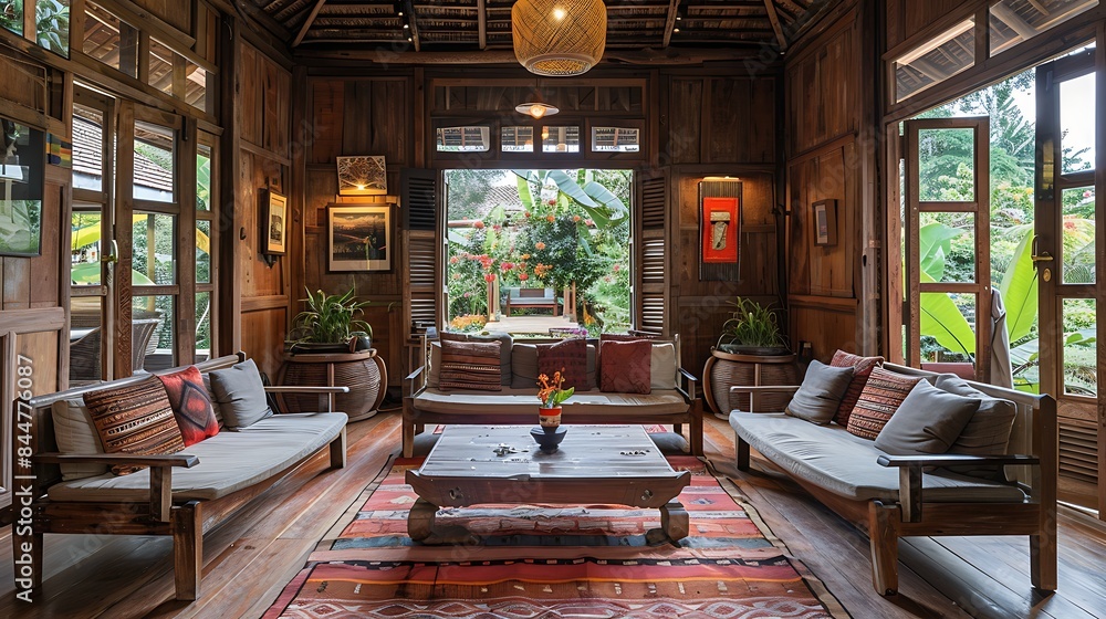 Laotian living room. Laos. Cozy wooden interior of a traditional house ...