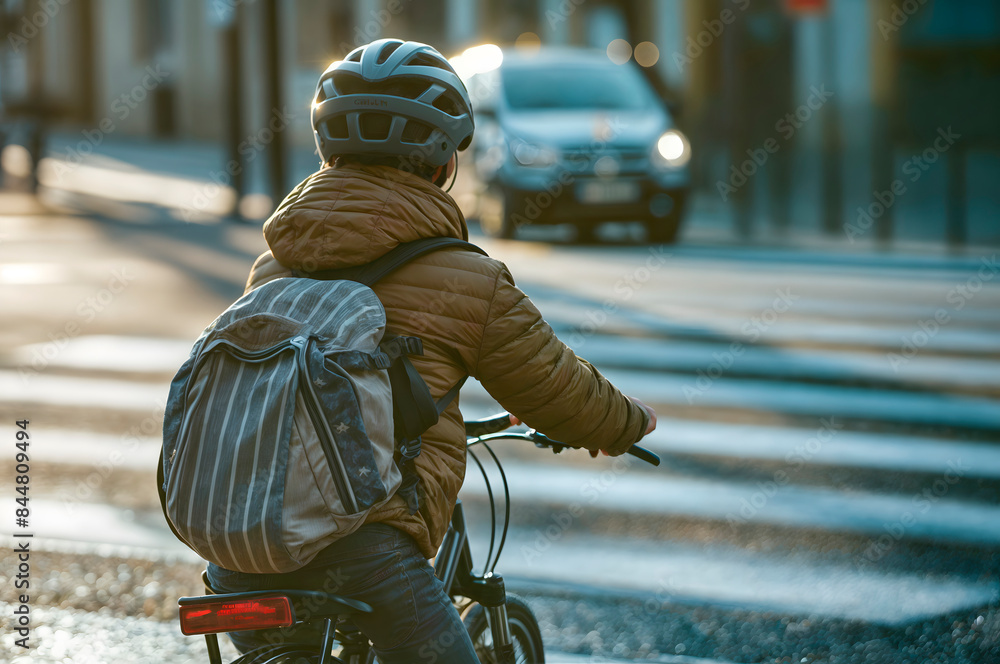 Child riding bike with safety helmet and school backpack at pedestrian ...