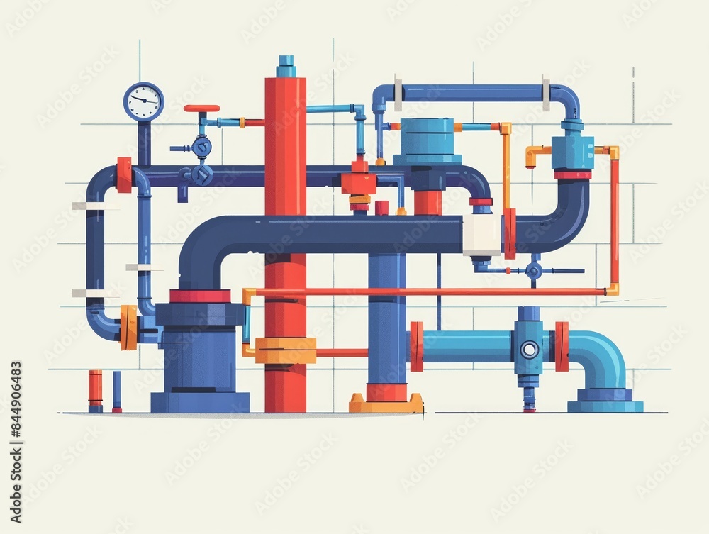 Plumbing system flat design side view pipe installation cartoon drawing ...