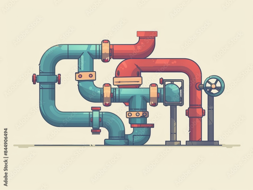 Plumbing system flat design side view pipe installation cartoon drawing ...
