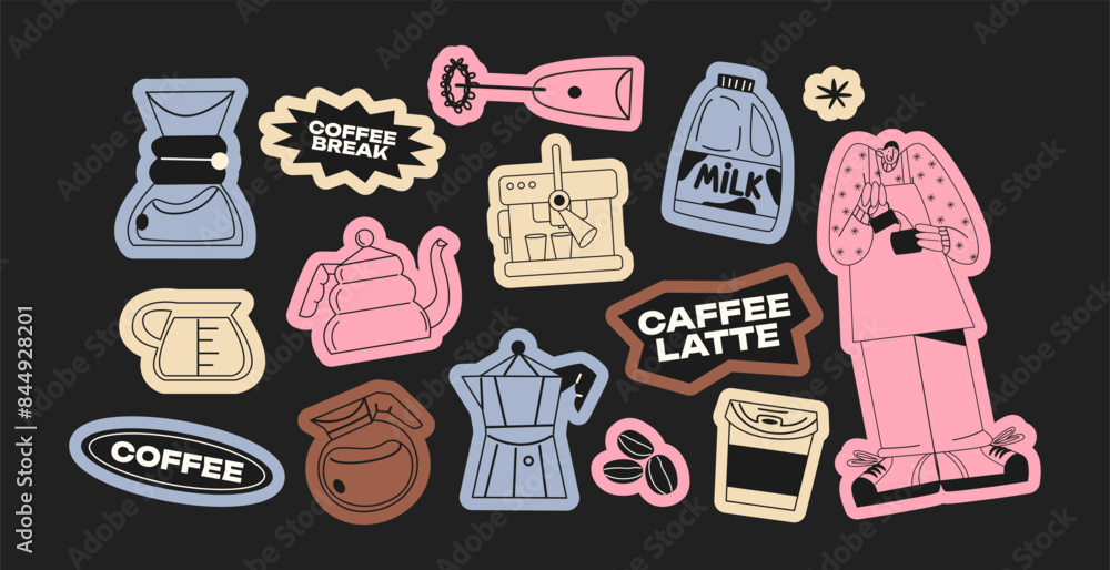 Coffee stickers and barista characters.Coffee makers, kettles, brewing ...