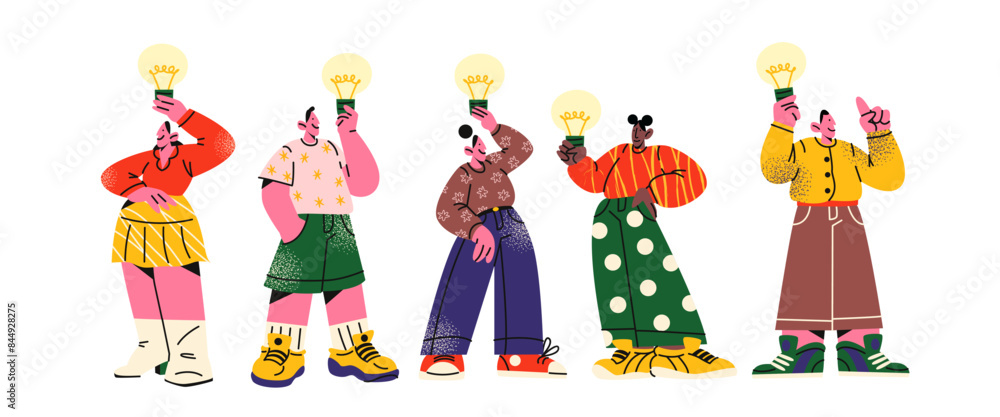 People find solution, brilliant idea, lightbulb. Cartoon characters ...