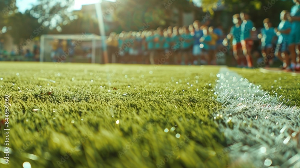 Defocused image of a soccer field showcasing a teams warmup exercises ...