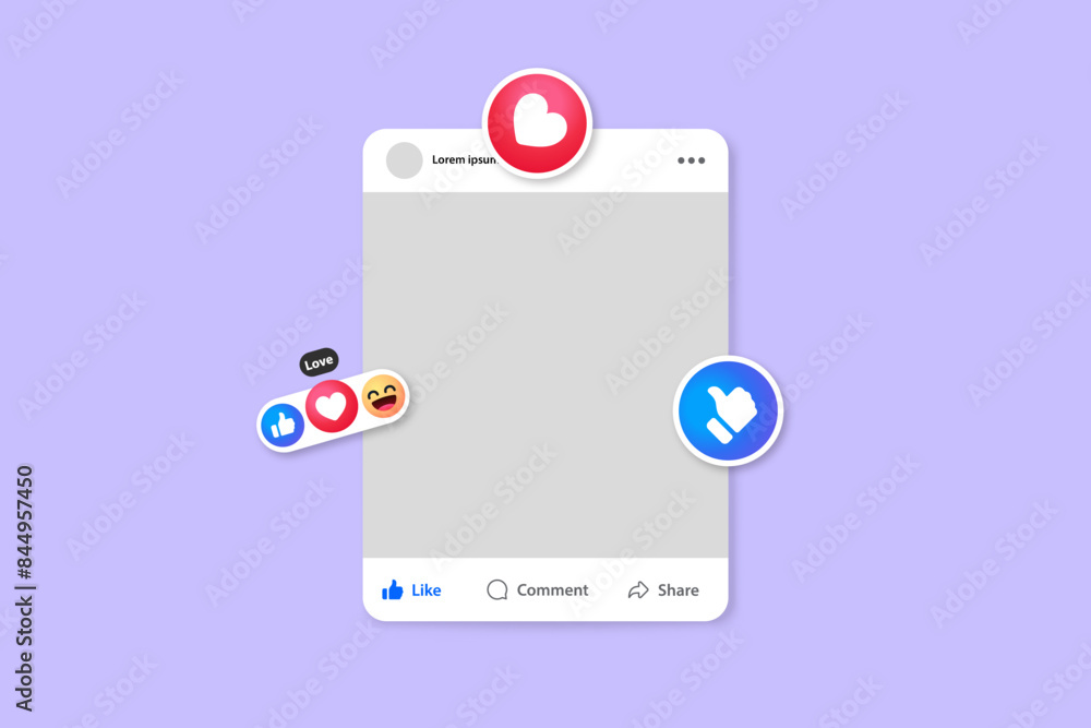 facebook post mockup social media template. like and love icon buttons ...