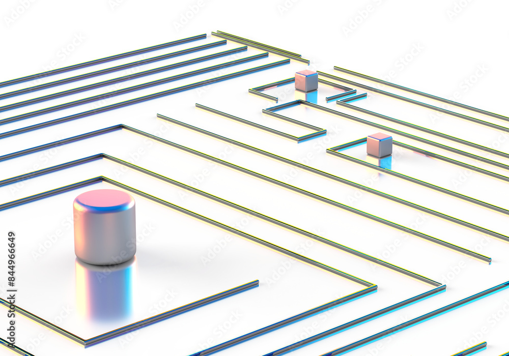 An abstract pattern of lines, a maze. There are shapes of cubes and ...