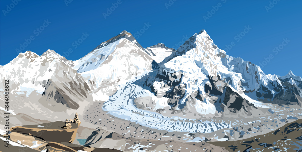 mount Everest Lhotse and Nuptse from Nepal side as seen from Pumori base camp, vector ...