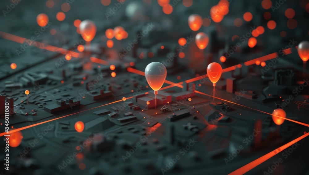 A map of the city with glowing red and white balloons, connected by ...