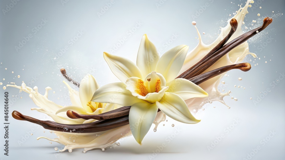 Realistic of vanilla flower pods with milk splash and spices , vanilla ...