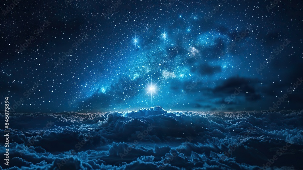 In the nocturnal expanse, a radiant celestial beacon illuminates the ...