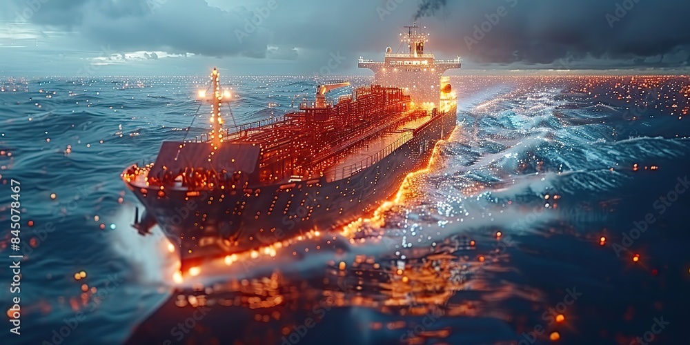 A cargo ship's digital tracking system interface overlays logistics ...