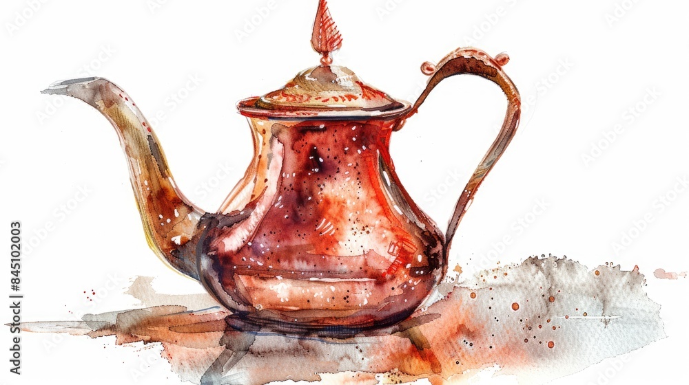Red copper tea and coffee pot Watercolor painted image on white ...