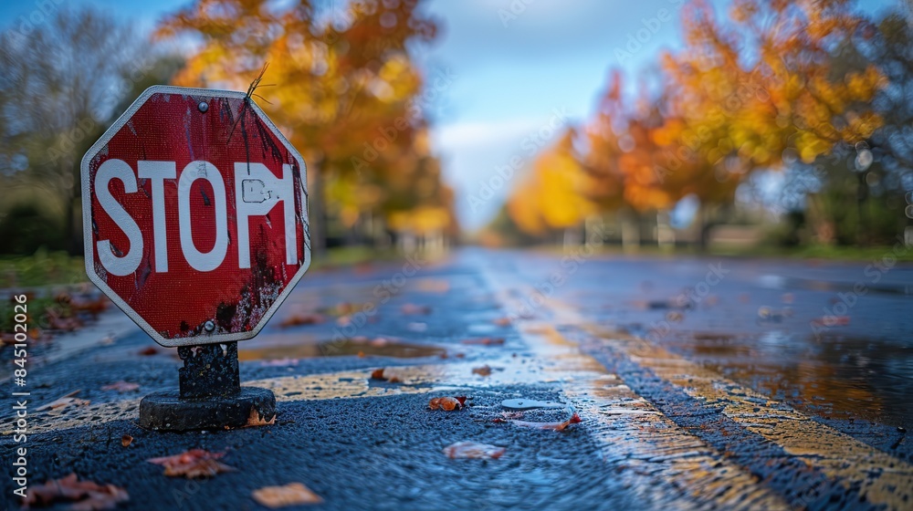 A blurred background signboard with copy space featuring a stop sign in ...