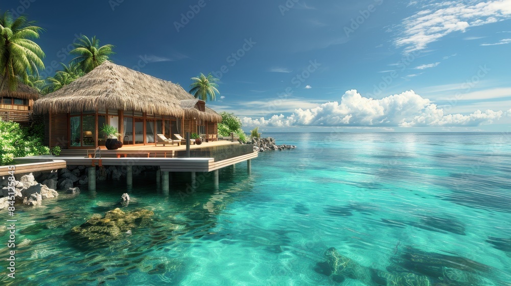 Luxurious overwater bungalow in a tropical paradise, stunning ocean ...