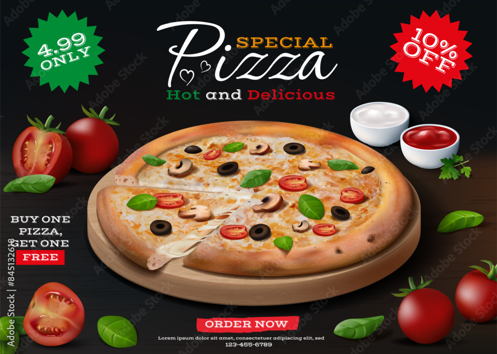 Pizza menu. Pepperoni delivery ad with ingredients like mozzarella ...