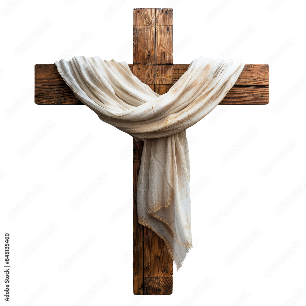 Wooden Cross Draped With White Cloth On A Transparent Background ...