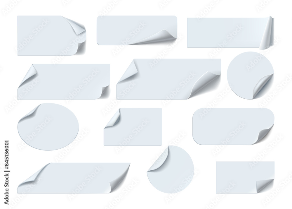 Paper stickers. White label. Peel off and fold tag. Circle and ...