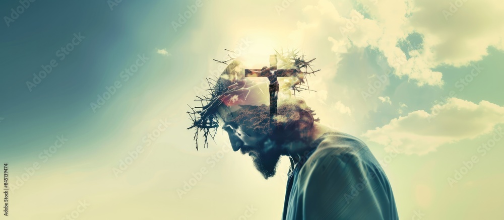 Foto de Stock Double exposure of Jesus Christ and the cross on sky ...